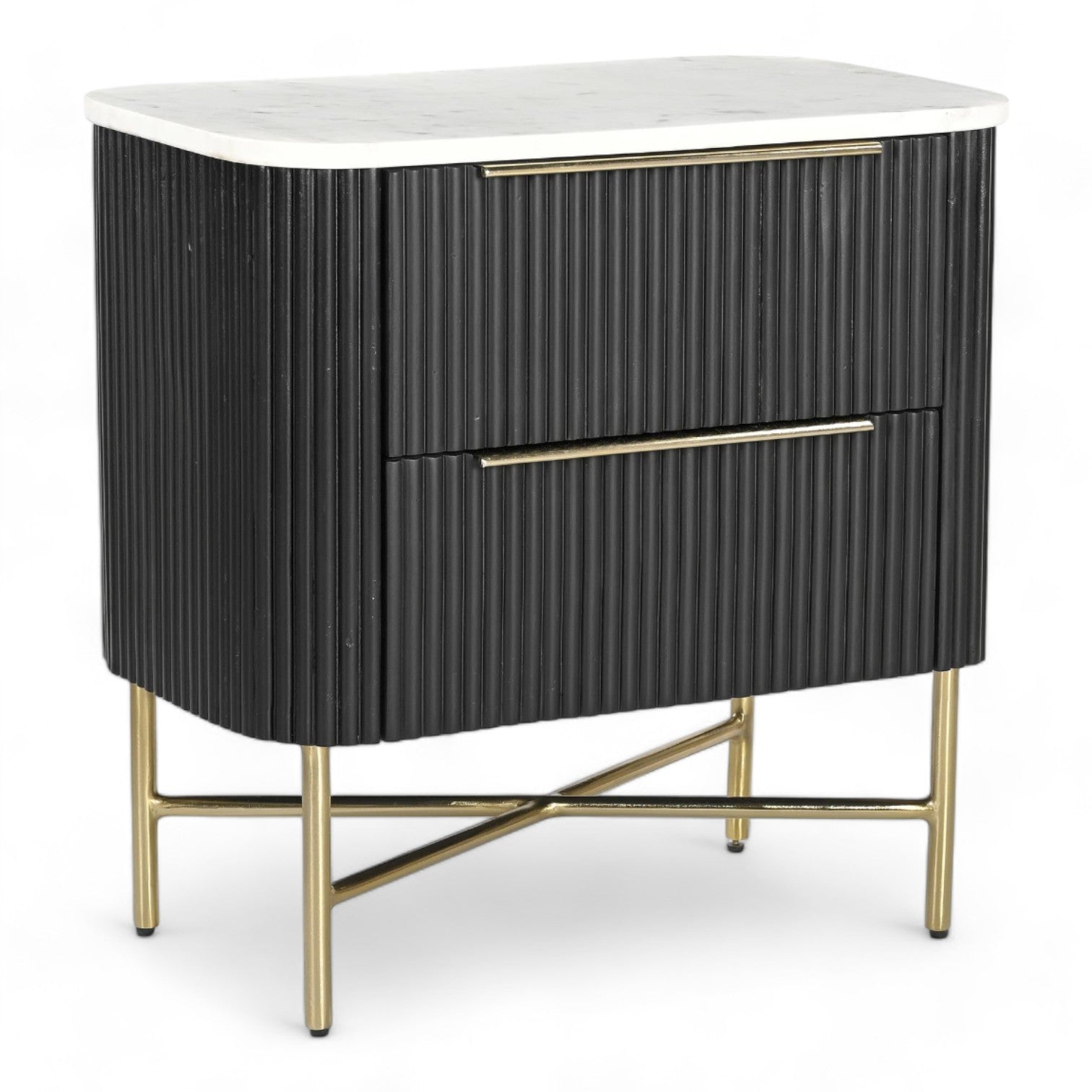 Large Bedside Table (Black Wood/Gold/Marble) - Hamptons
